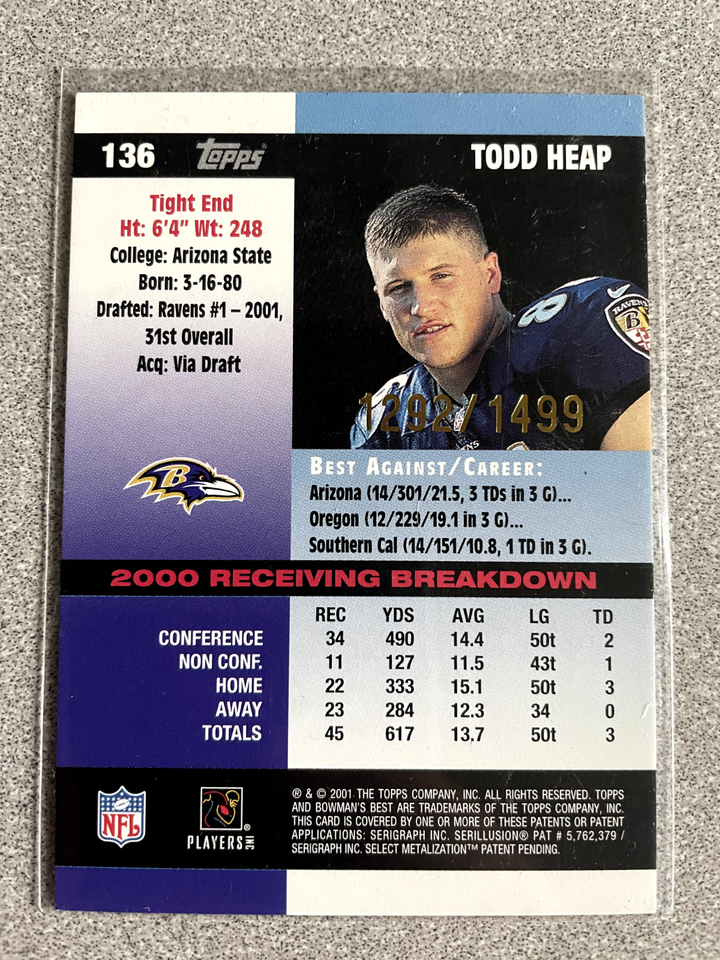 2001 Bowman's Best Todd Heap Rookie Card /1499 #136 Baltimore Ravens | eBay