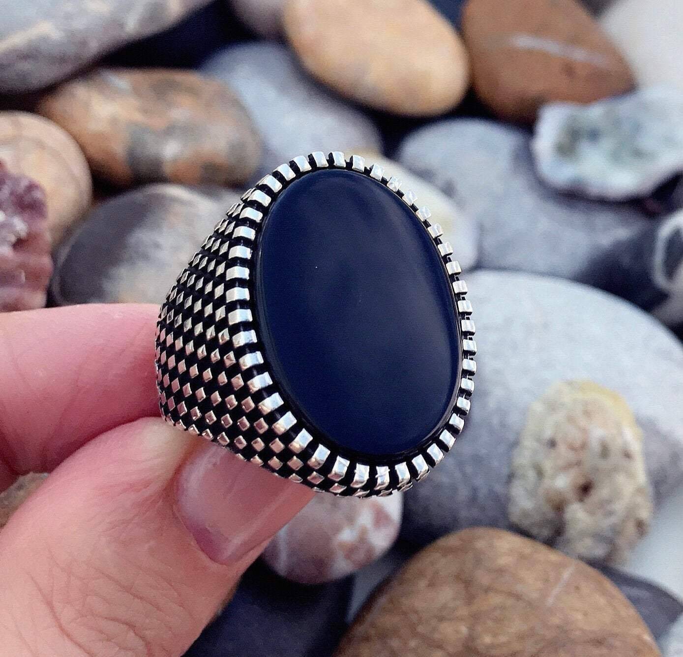 Sterling Silver Mens Ring,Black Agate Men Ring,Mens Agate Ring,Black ...