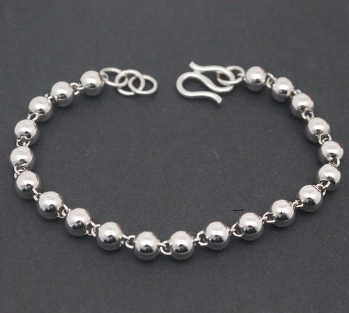 Solid 925 Sterling Silver Chain 6Mm Glossy Round Beads Link Bracelet ...