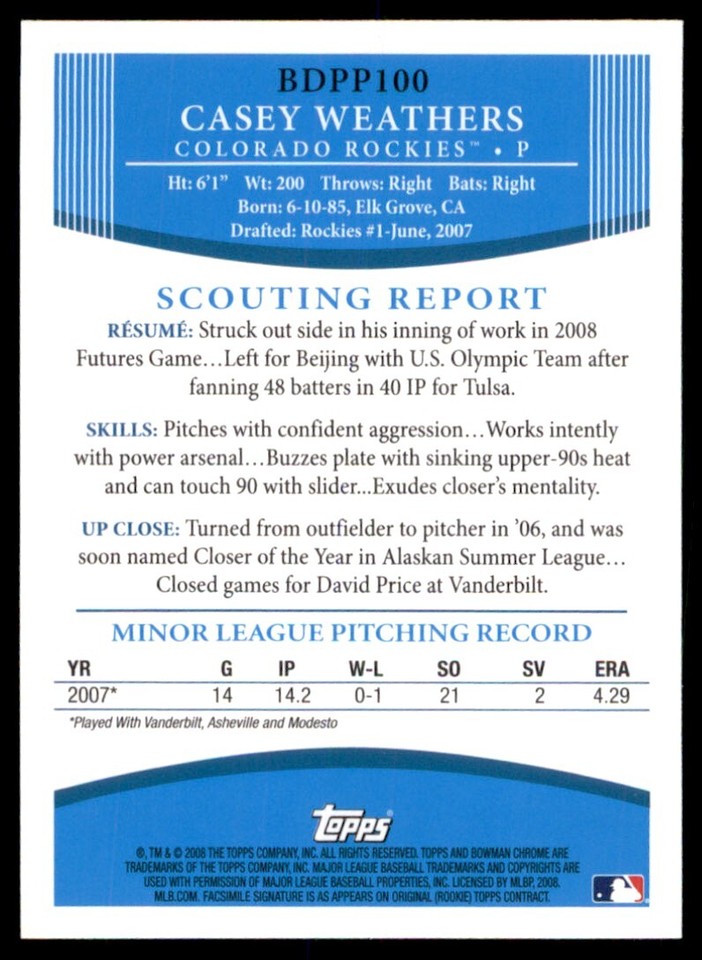 2008 BOWMAN DRAFT PICKS & PROSPECTS CASEY WEATHERS COLORADO ROCKIES # ...