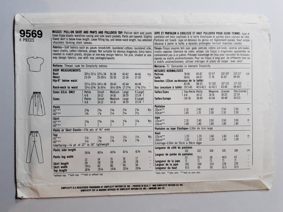 SIMPLICITY PATTERN - 9569 LADIES TOP TAPERED PANTS FLARED SKIRT 6-24 ...