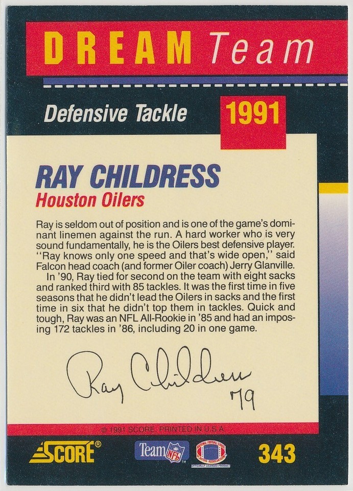Ray Childress - Houston Oilers - 1991 Score Football - Dream Team ...