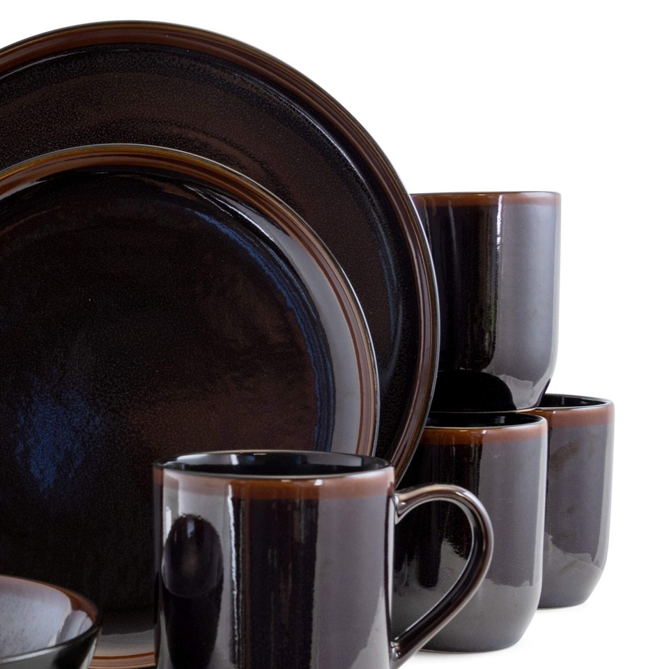 Midnight Sun 16 Pc Round Stoneware Dinnerware Set in Metallic Black ...