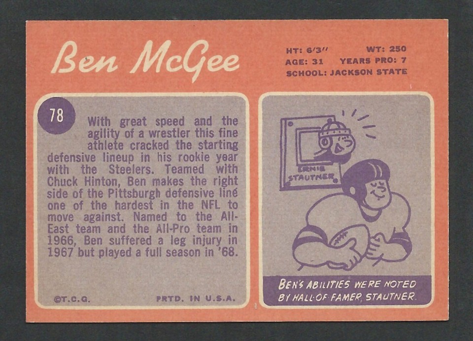 1970 Topps #78 BEN McGEE Pittsburgh Steelers - Jackson State - 03 | eBay