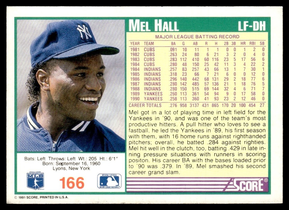 1991 Score Mel Hall New York Yankees #166 | eBay