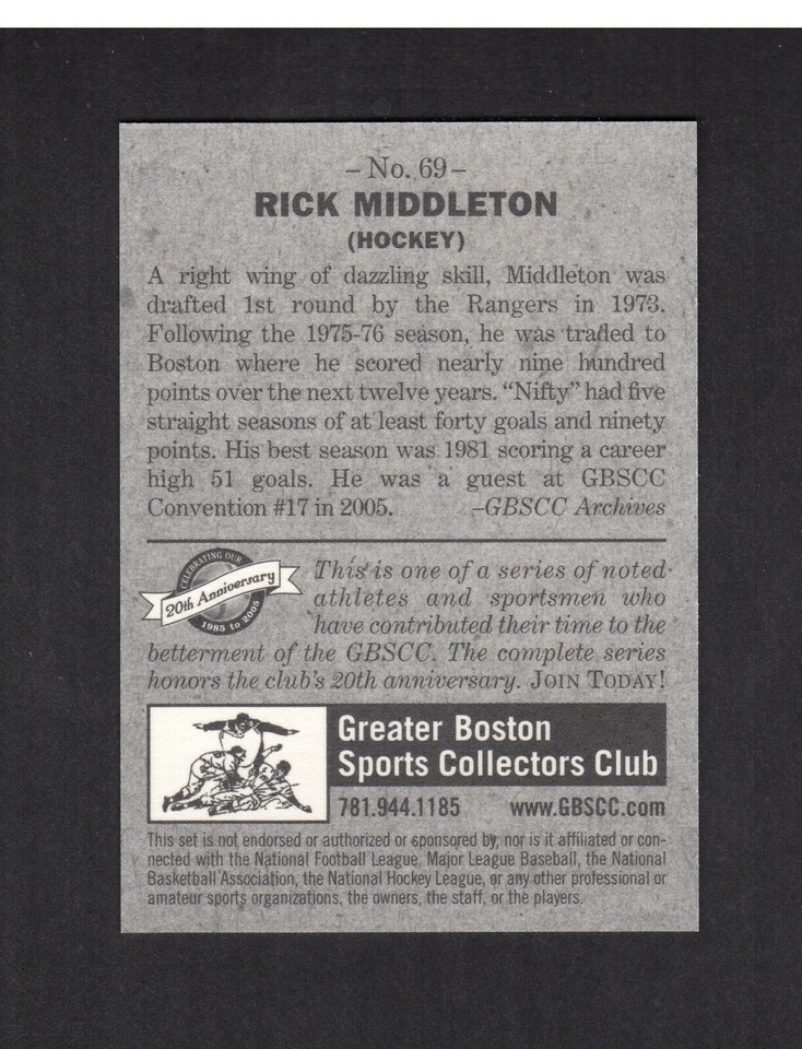 #69 RICK MIDDLETON, Bruins | 2006 GBSCC Convention Boston Sport Kings ...