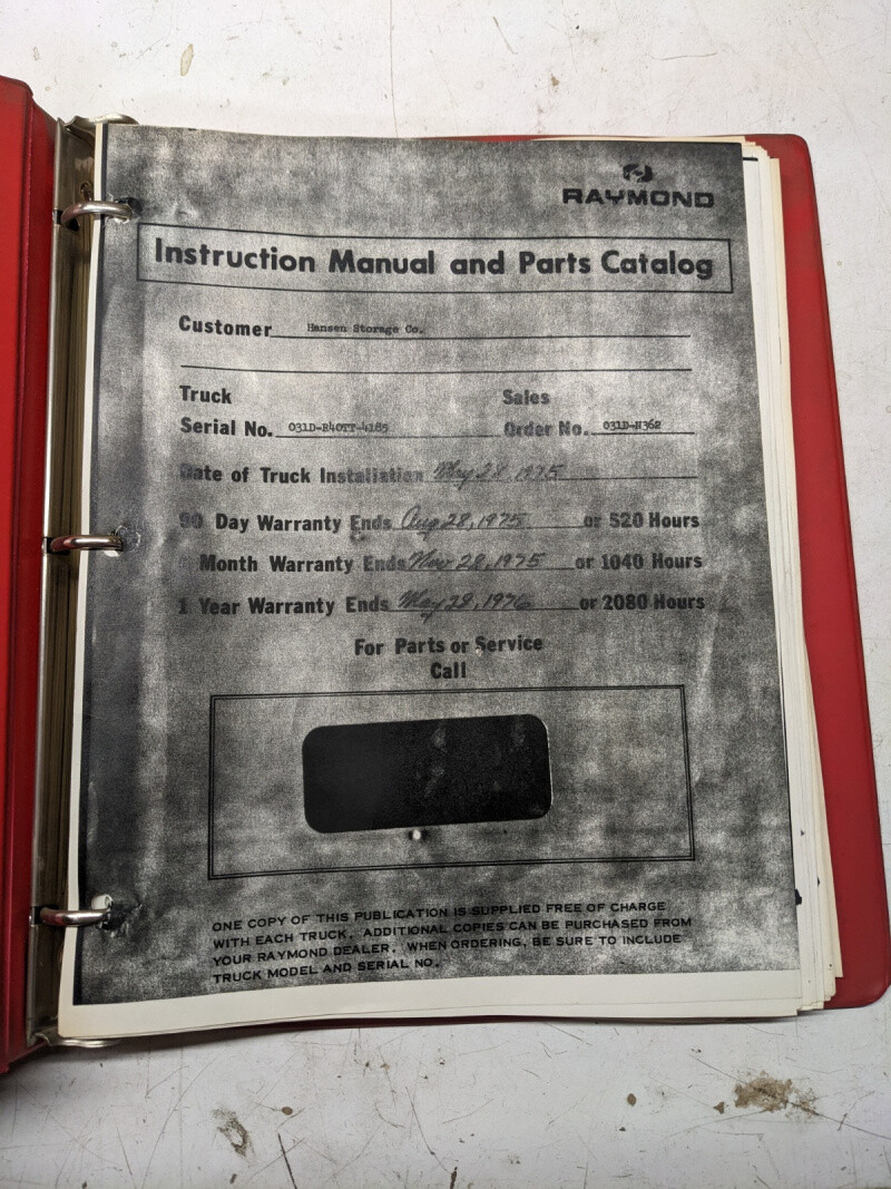 RAYMOND PARTS CATALOG LIST BOOK OPERATION INSTRUCTION MANUAL MODEL 31 ...