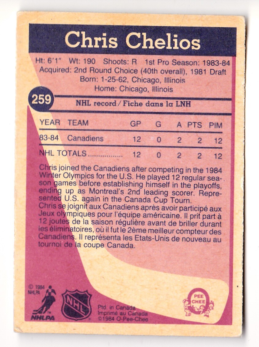 1984-85 OPC Chris Chelios Rookie Montreal Canadiens O-Pee-Chee 84-85 | eBay