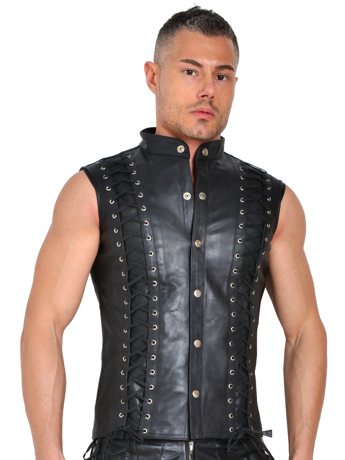 Honour Male Havoc Lace-Up Leather Sleeveless Top in Classic Black | eBay UK