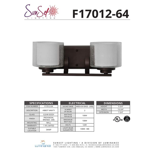 Sunset Lighting Abbot 2-Light 100W Bath Vanity Provincial Bronze ...