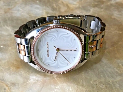 Michael Kors Libby Ladies Silver & Rose Gold Tone Crystal Accents Watch ...