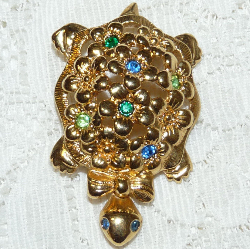 Vintage AVON Gold Tone Blue-Green Rhinestone Turtle Brooch/Pin Y23 | eBay