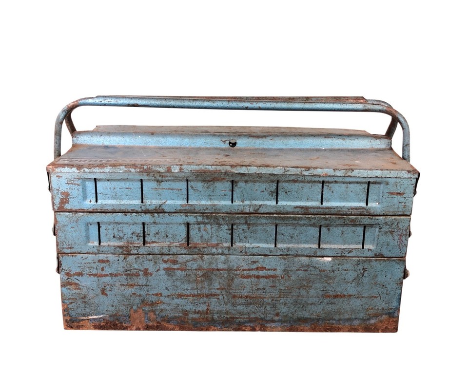 Vintage Blue Metal Cantilever Fold Out Tool Storage Box Tackle Storage ...