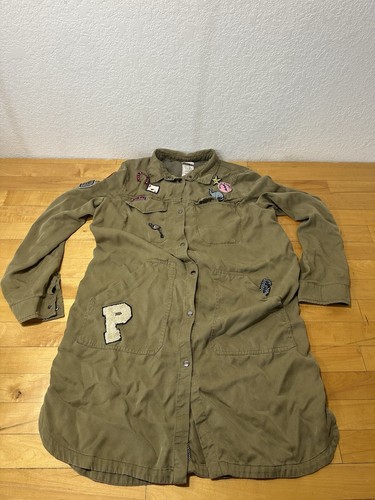 TRF Outer Wear Military Green Button-Up Jacket with Patches and Letter ...