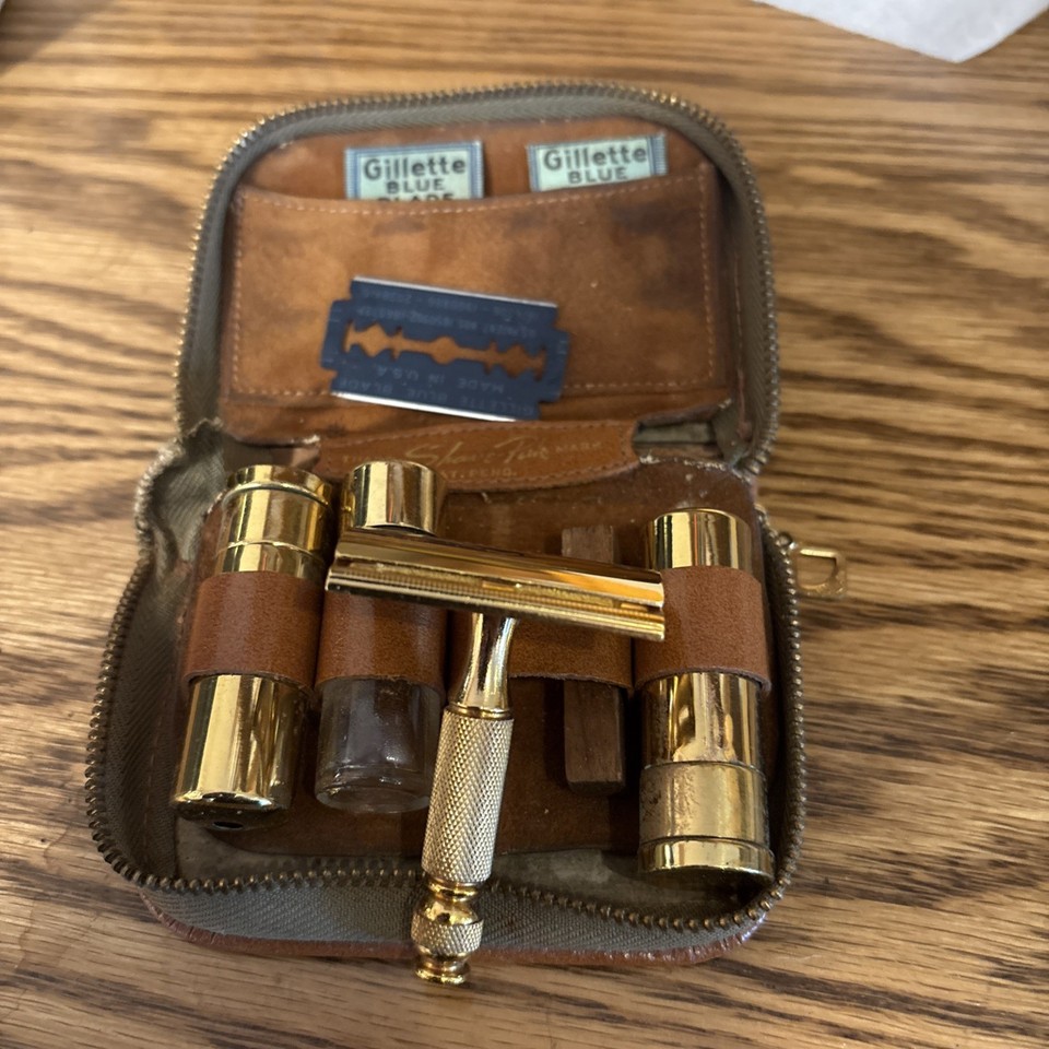 VINTAGE GILLETTE TRAVEL SHAVING GROOMING RAZOR KIT GOLD TONE BRASS | eBay