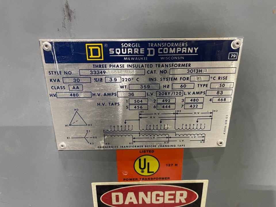 SQUARE D 30kva Transformer 3 Phase 480v-208v/120v 460v 440v 220v 230V ...