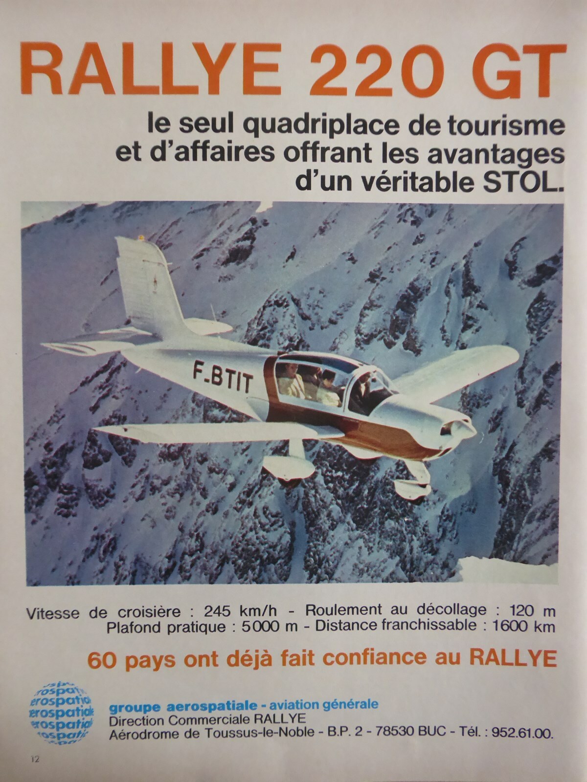 2/1973 PUB AEROSPATIALE AVION RALLYE 220 GT F-BTIT AIRCRAFT FLUGZEUG ...