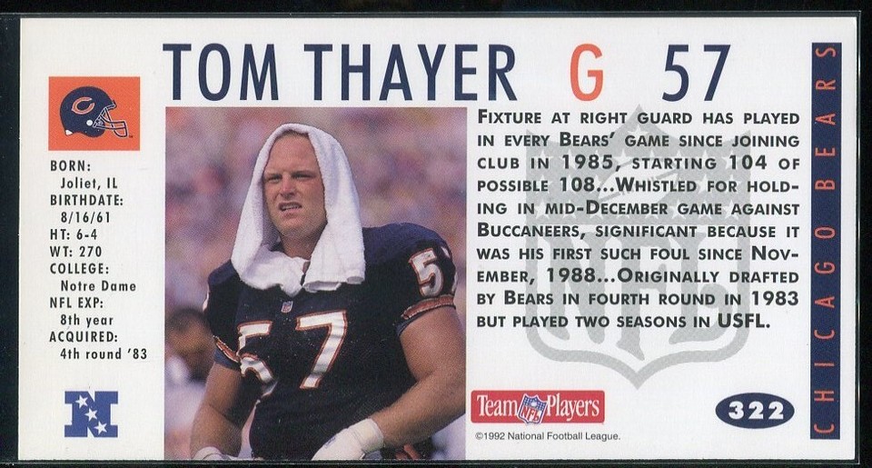 1992 Fleer GameDay Tall Boy Football Tom Thayer #322 Chicago Bears | eBay
