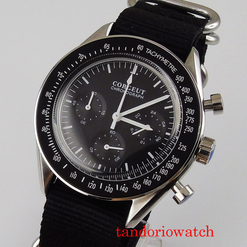 corgeut 40mm quatz black dial men watch chronograph multifunctional ...