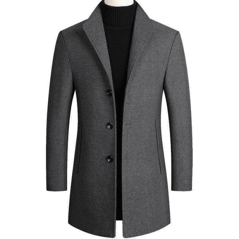 Men Winter Thick Wool Blend Jacket Mid-Length Casual Coat Business ...