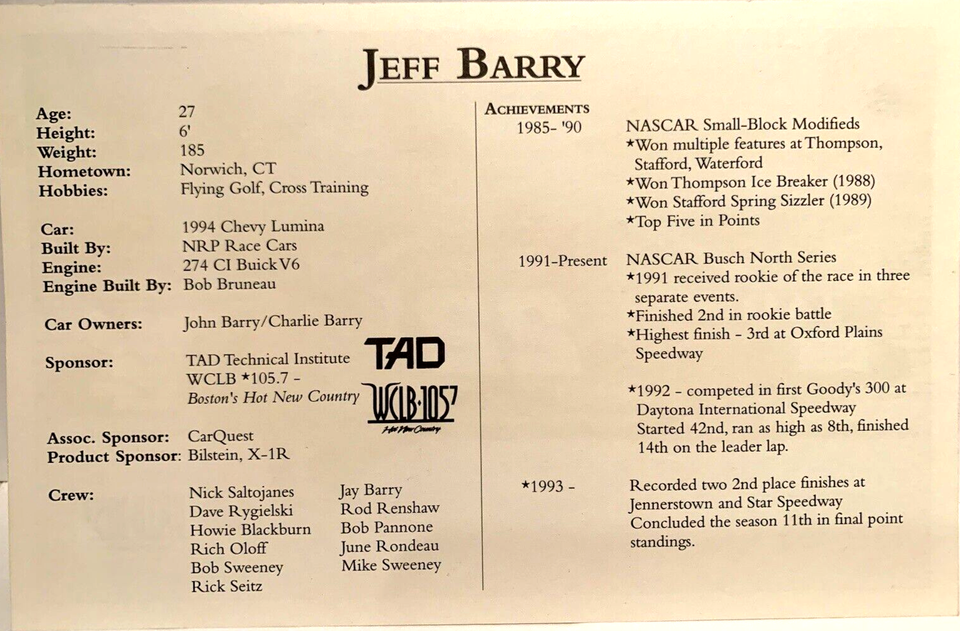 1994 JEFF BARRY #22 TAD/WCLB-105.7 CHEVY LUMINA NASCAR BUSCH NORTH ...