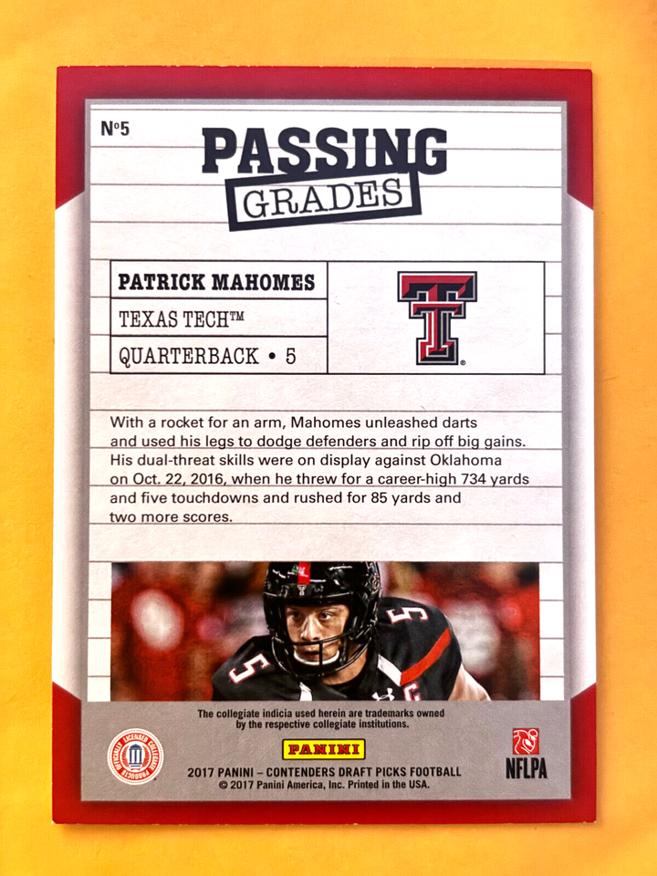 2017 Panini Contenders Draft Picks Passing Grades #5 Patrick Mahomes RC ...
