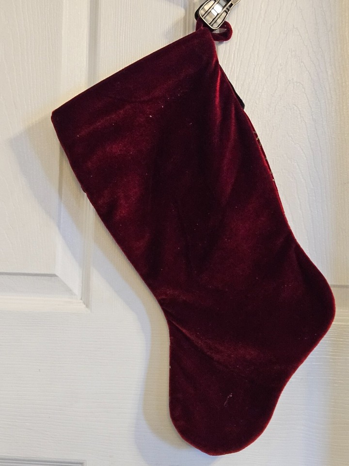 CHRISTMAS EVE SANTAS BEST MAROON VELVET GLITTER SCROLL STOCKING 17" | eBay