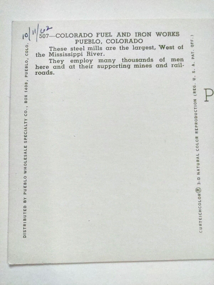 Pueblo Colorado CO Fuel and Iron Works Postcard Steel Mill Train ...