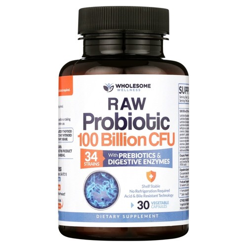 Wholesome Wellness Raw Probiotic Digestive Enzymes 100 Billion CFU 30 ...