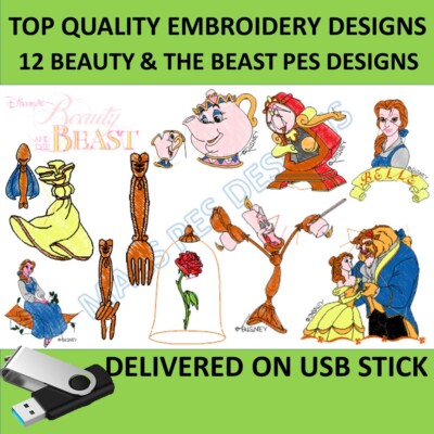 Beauty & the beast PES embroidery pack on USB 12 designs files disney ...