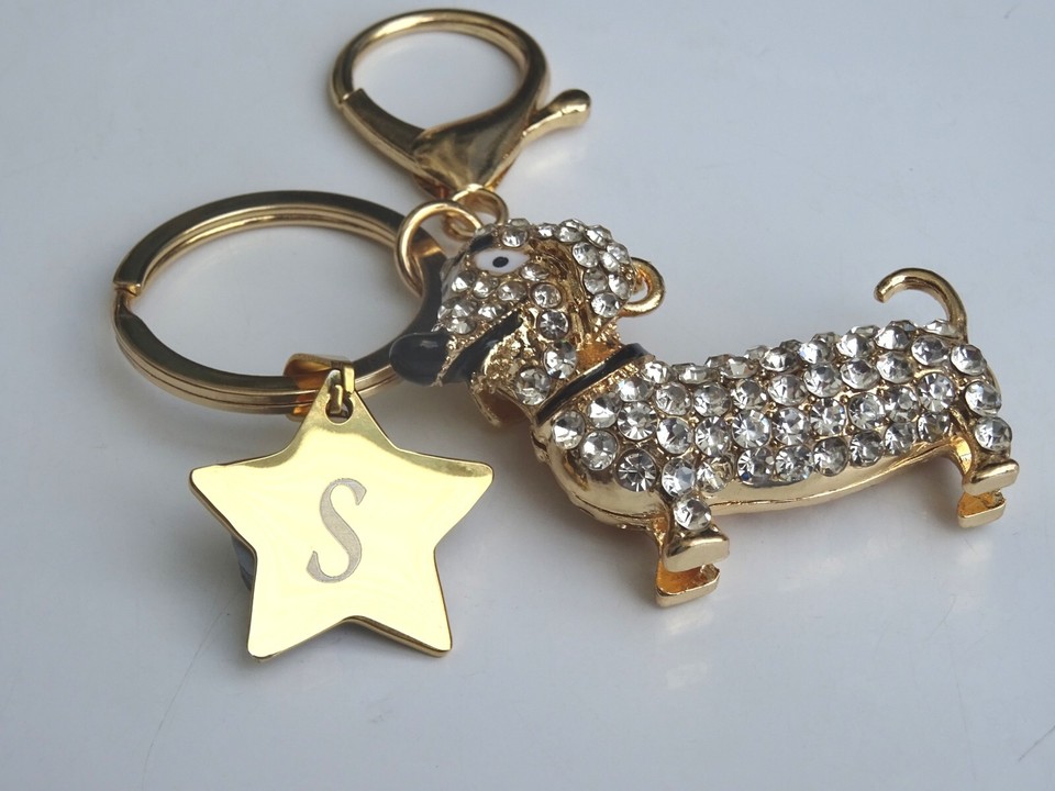 DACHSHUND KEY RING DIAMANTE RHINESTONE KEY CHAIN WITH PERSONALISED STAR ...
