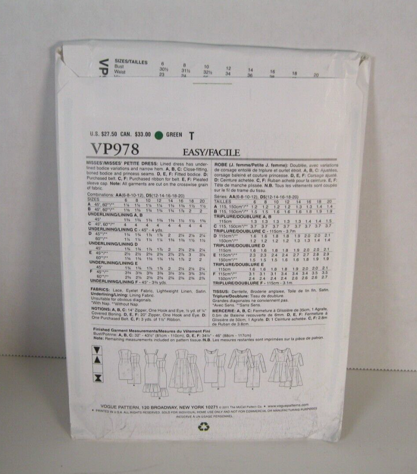 Vogue Easy Options VP978 Lined Dress (6 Styles) Misses' 12-20 Pattern ...