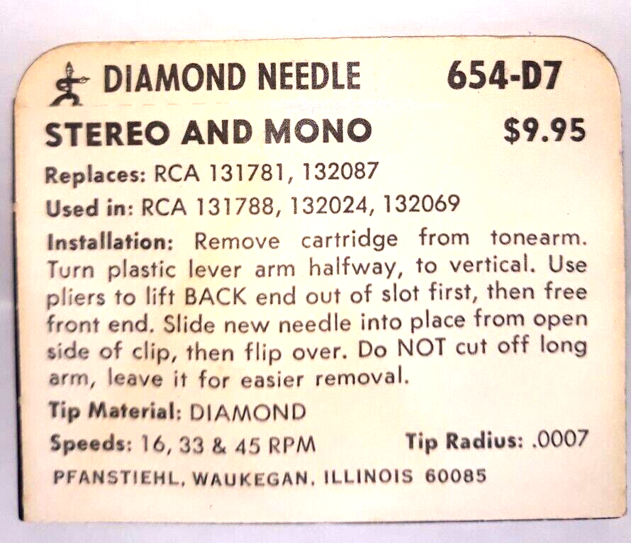 New Old Stock Vintage Pfanstiehl 654-D7 Diamond Needle Stylus Record ...