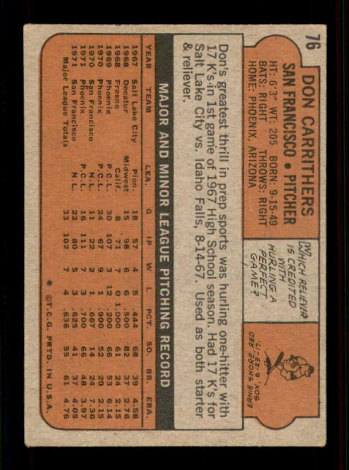 1972 Topps #76 Don Carrithers EX/EX+ RC Rookie Giants 511044 | eBay