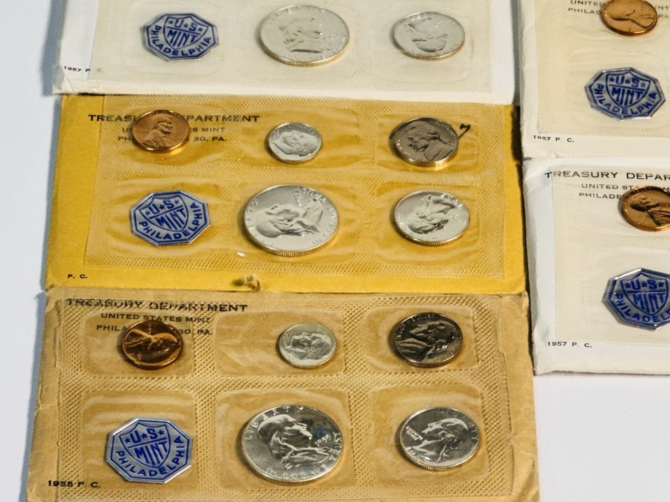 LOT OF 7: 1955/1957 PROOF SETS-US MINT -90% SILVER. TREASURY DEPT ...