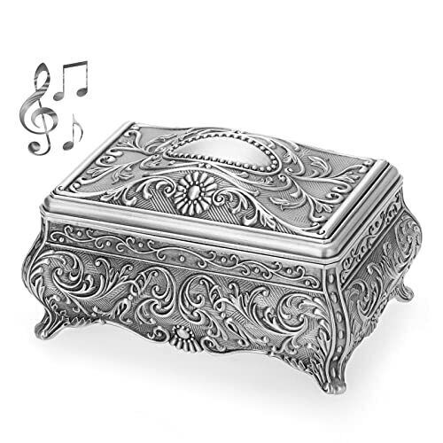 SILVER VINTAGE CLASSIC RECTANGLE WIND UP MUSIC BOX ( 100 SONGS ...
