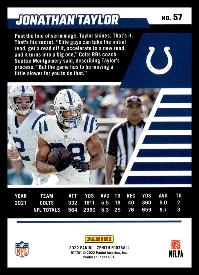 2022 Zenith #57 Jonathan Taylor Indianapolis Colts Retail Football Card ...