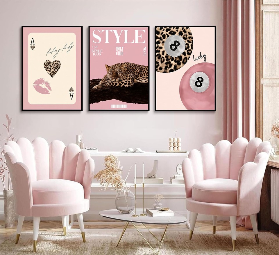 Set of 3 Trendy Pink Leopard Canvas Wall Art Funky Lucky 8 Ball Posters ...