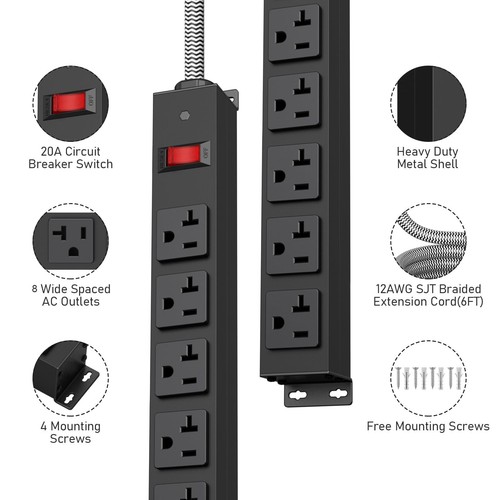 20 Amp Power Strip Surge Protector 1200J, Metal 8 Outlets Heavy Duty ...