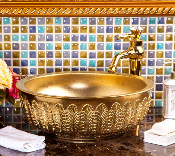 Bathroom Ceramic Counter Basin Art Carved Golden Sink Washbasin Mixer ...