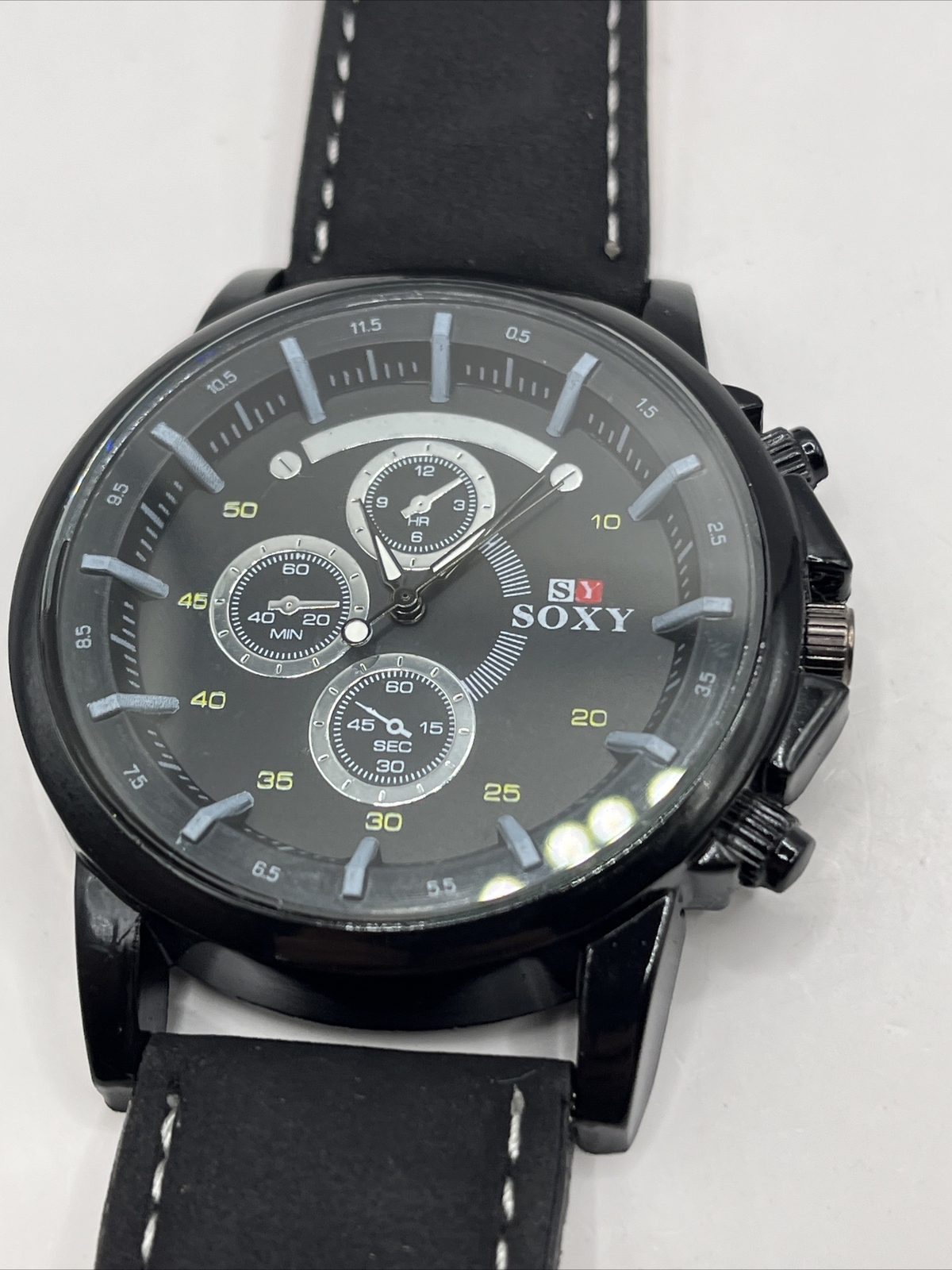 SY SOXY Men's Quartz Watch Black 45mm Case Genuine Leather Band- New ...