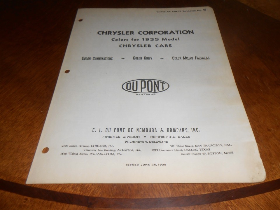 1935 CHRYSLER PAINT COLOR CHIPS BROCHURE / 7 CHIPS plus '35 FORMULAS ...