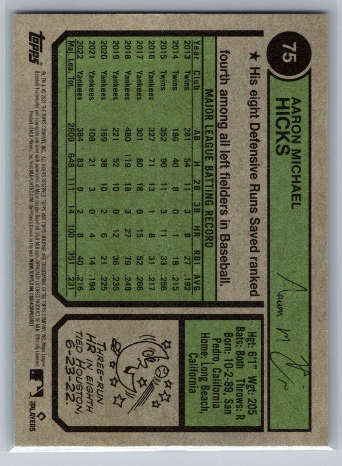 Aaron Hicks 2023 Topps Heritage BASEBALL #75 New York Yankees | eBay