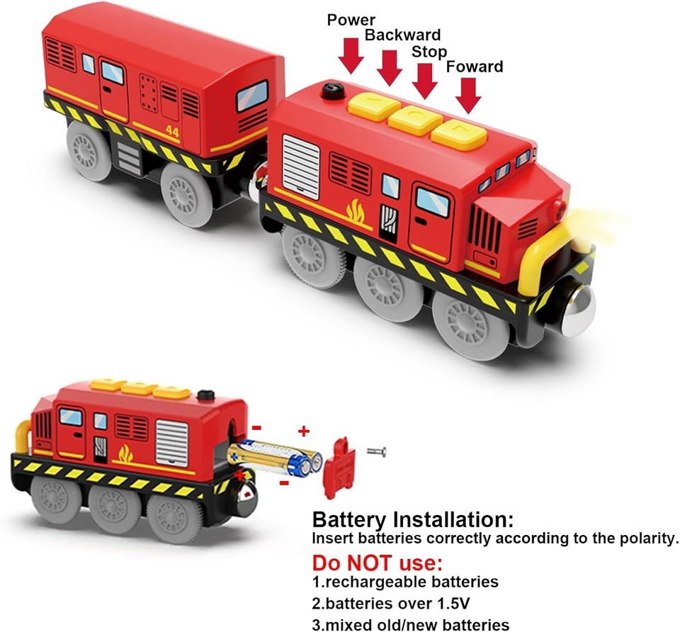 Battery Powered Fire Engine Train Toy Wooden Track Light Sound Kids ...