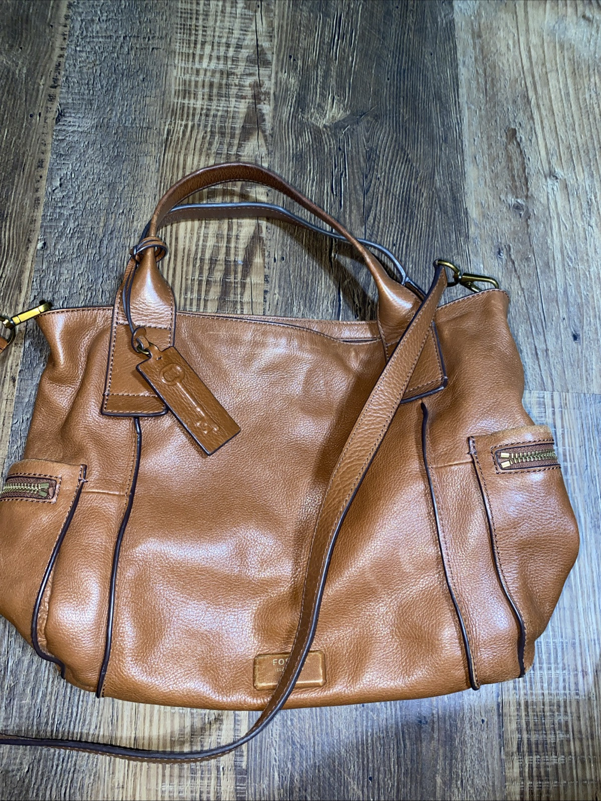 Genuine FOSSIL tan brown leather tote Crossbody bag w… - Gem