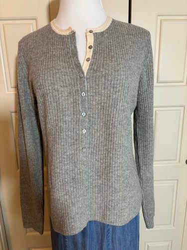 CASHMERE KNIT HENLEY SWEATER, GRAY/IVORY, SZ LARGE | eBay