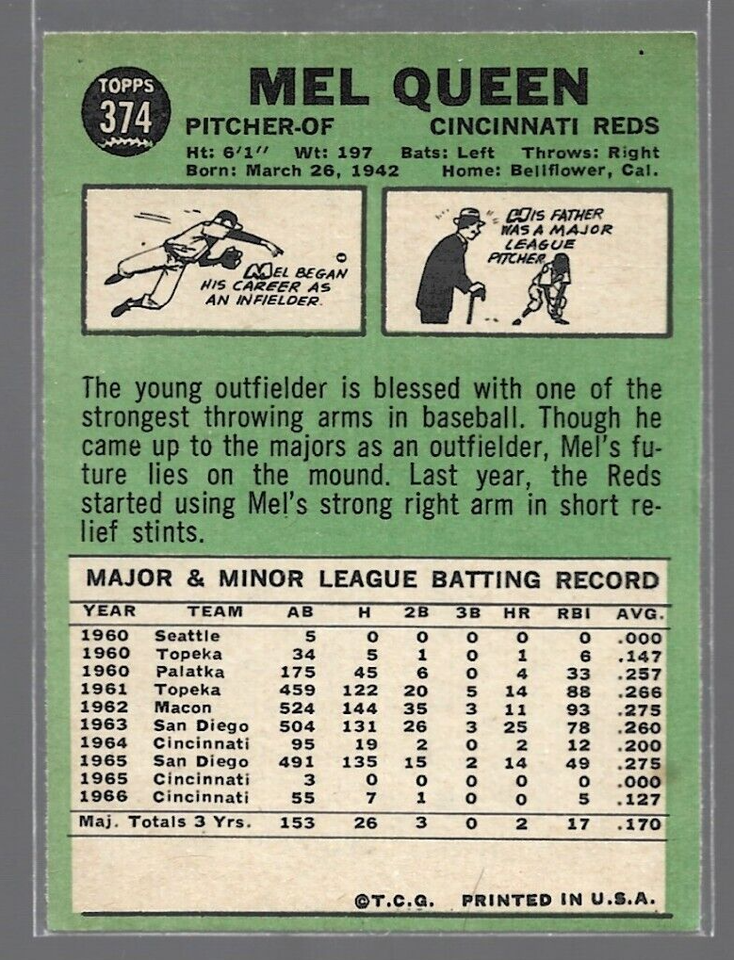 Mel Queen-Cincinnati Reds-1967 Topps Baseball Card #374 | eBay