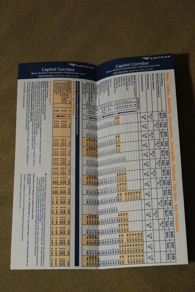 Amtrak Capitol Corridor Route Timetable - April 29, 2001 | eBay