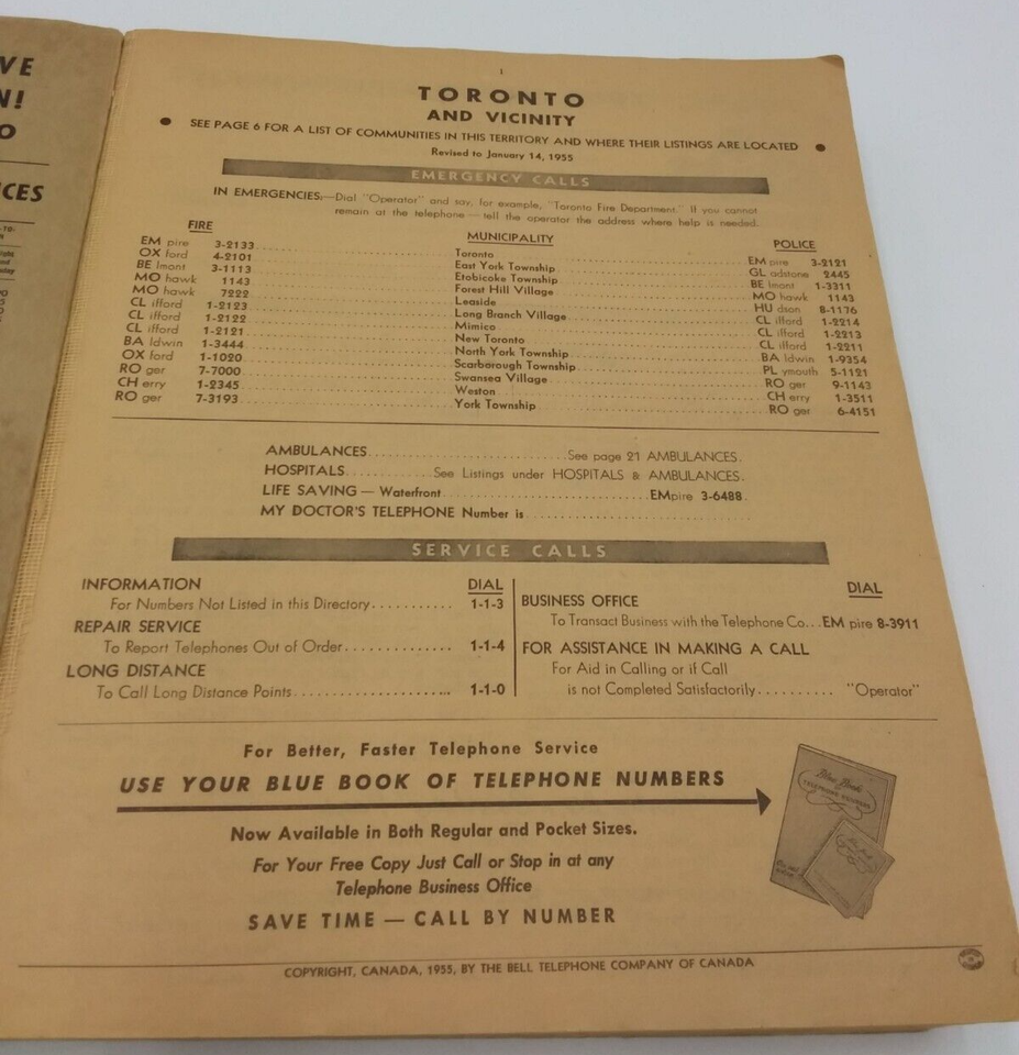 1955 Toronto and Vicinity Bell Canada Telephone Directory Book Rare ...
