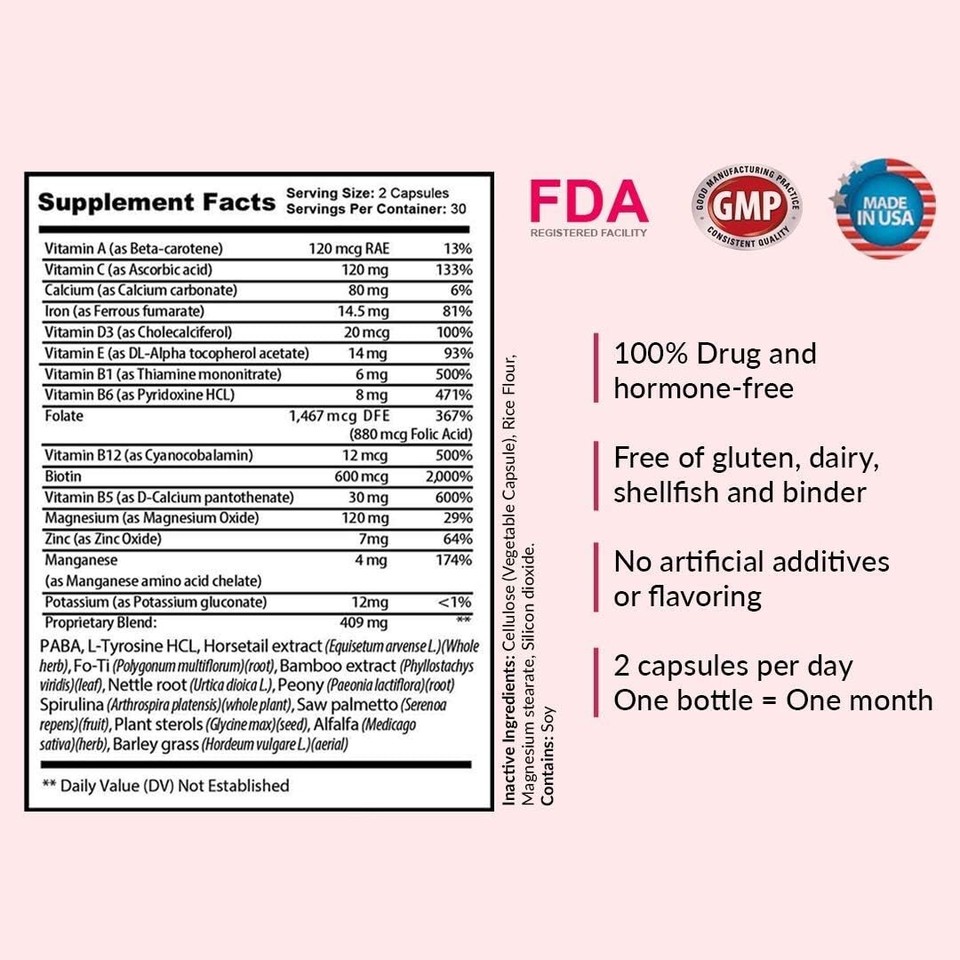 Hair Growth Vitamins 60 Pill, Biotin Supplement, DHT Blocker, Collagen ...